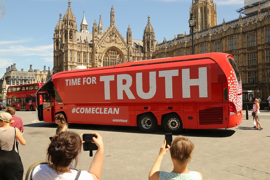 Greenpeace re-brands Boris' 'Vote Leave' bus outside Parliament